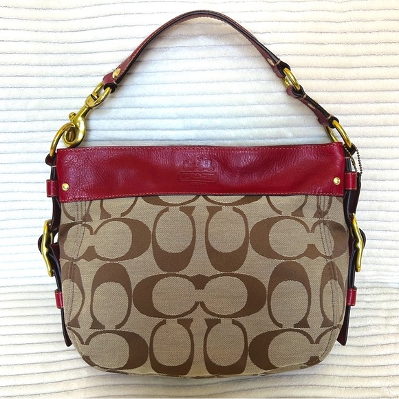 Coach | Bags | Coach Zoe Signature C Logo Khaki Jacquard Red Leather ...